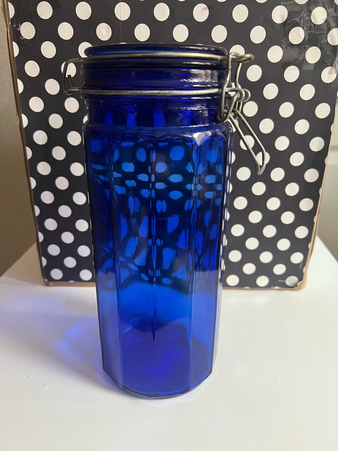 Vintage Cobalt Blue Paneled Canister Jar 9.75 Tall Wire Bale Hinged Lid ...