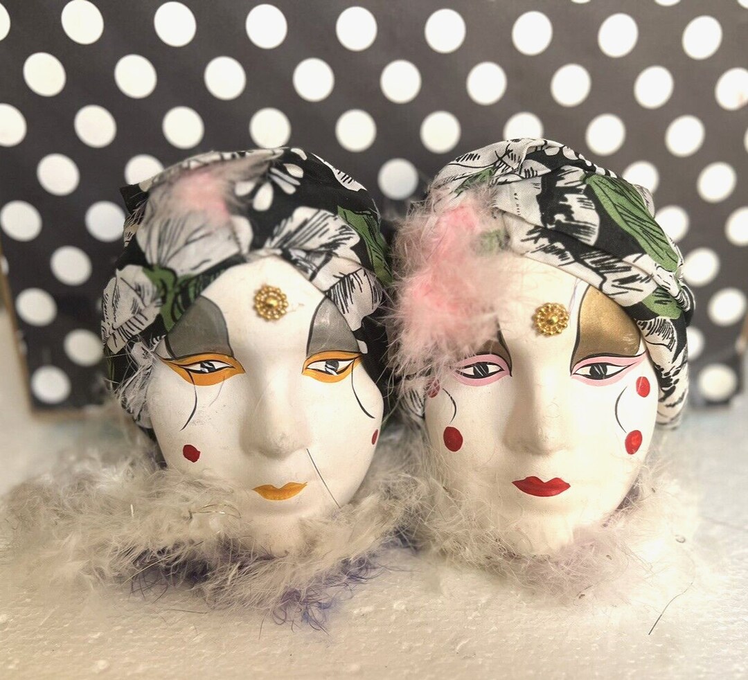 Vintage Mardi Gras Ceramic Hand Painted Wall Lady Head Art- Set 2 Real ...