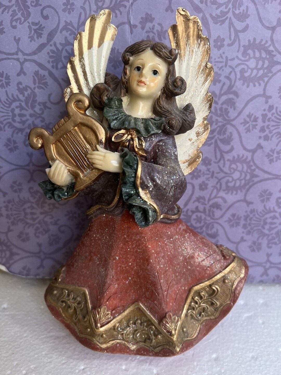 Vintage Resin Angel W Tin Wings Playing Harp Figurine Brown Hair Blue ...