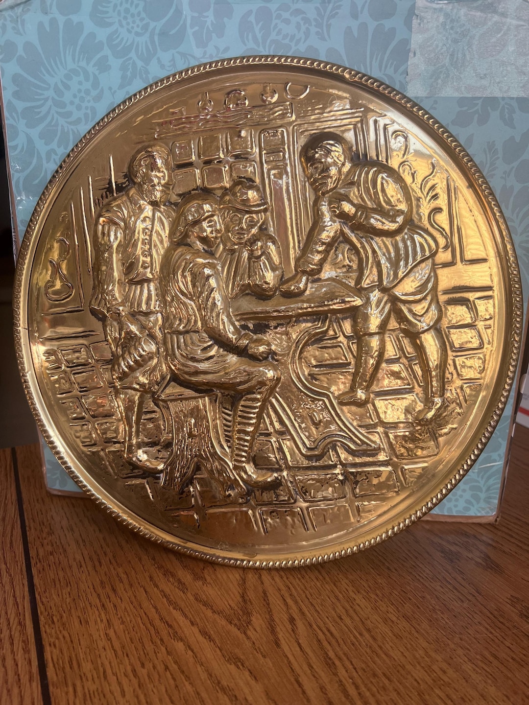 Vintage Brass Men at Table Embossed 11"d Plate Wall Decor Made England ...
