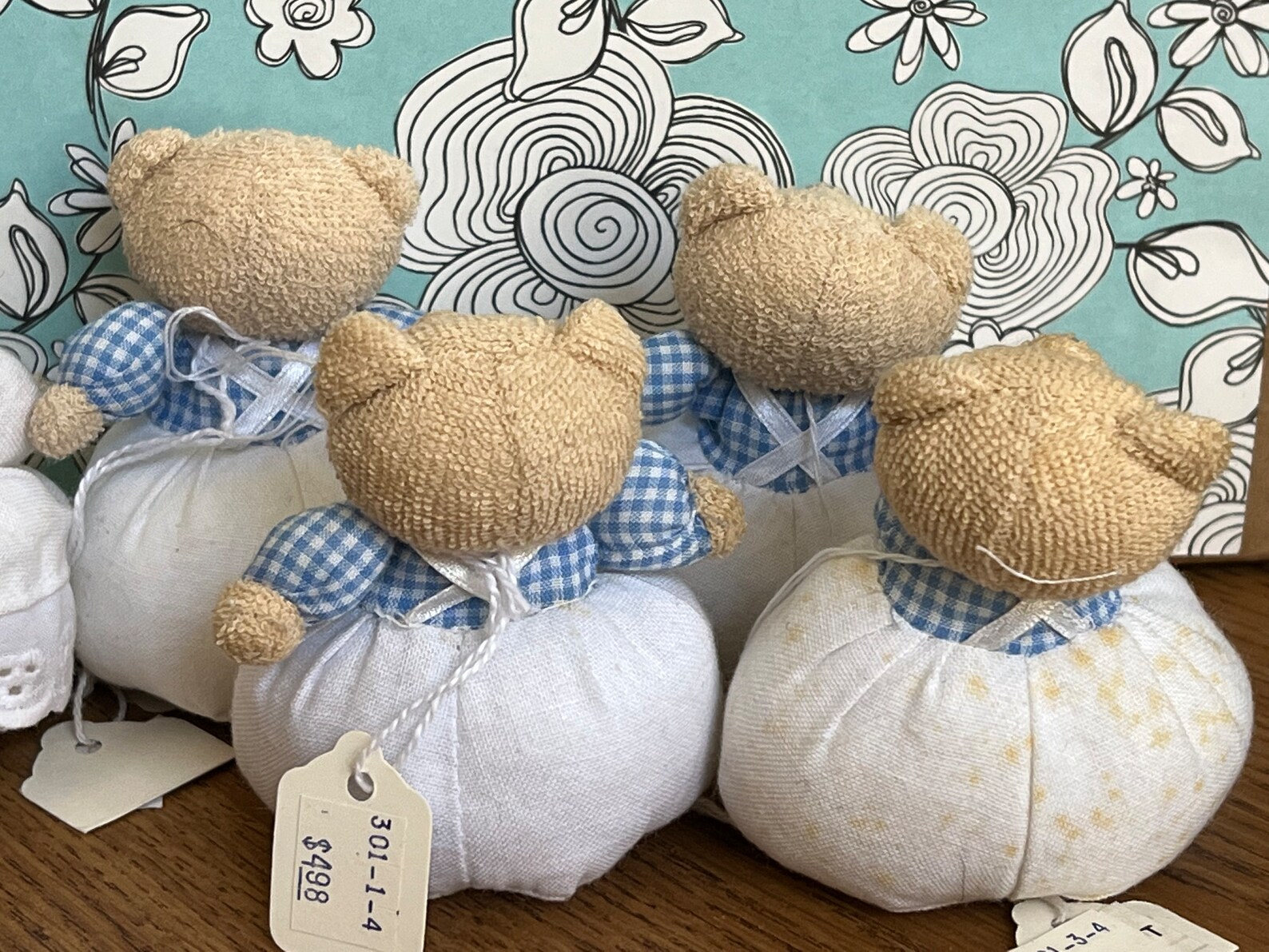 Vintage Set (6) Country Farmhouse Mini Stuffed Family Bear Ornaments 3. ...