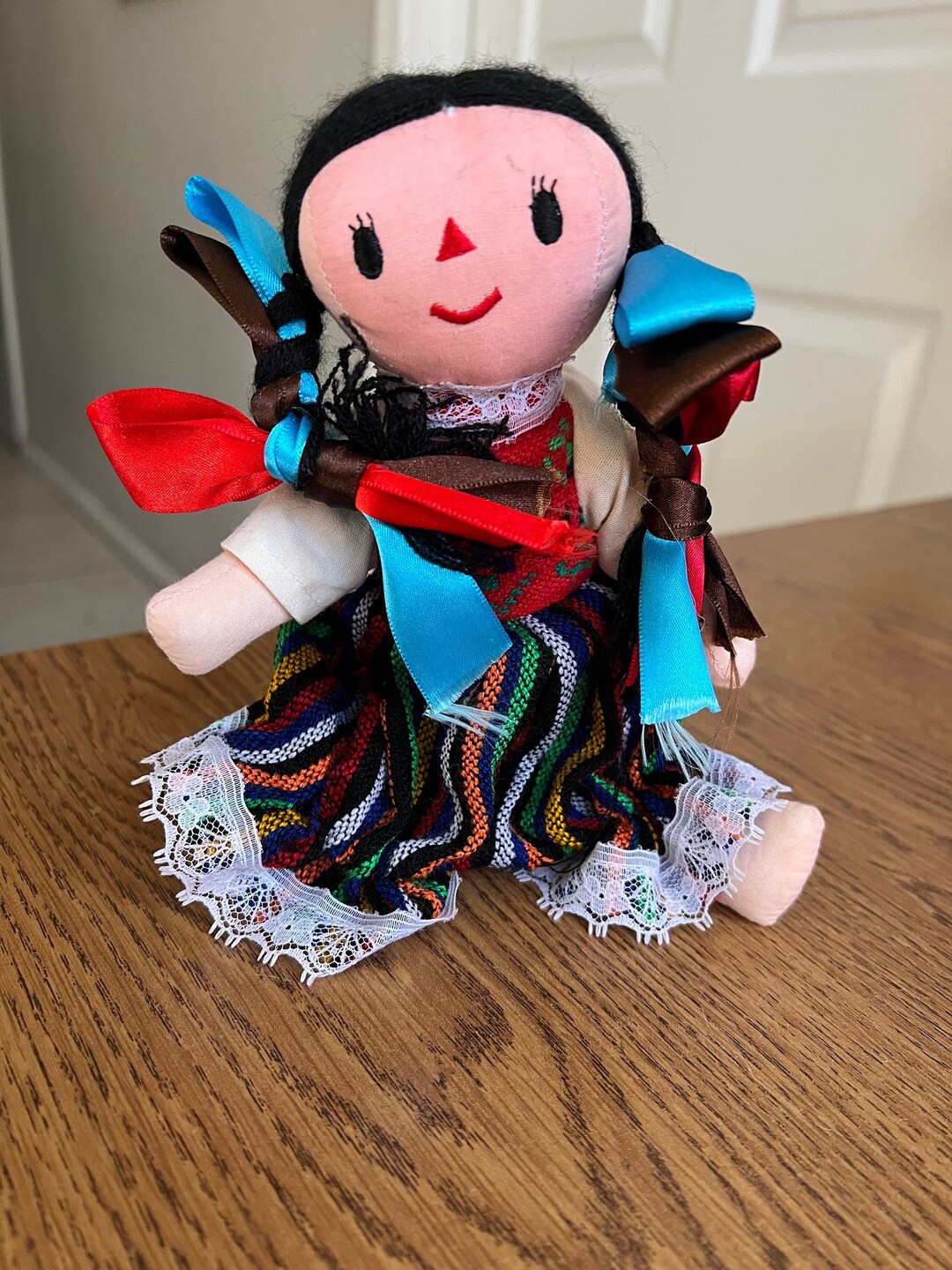 Vtg 8" Colorful Black Haired Mexican Folk Art Rag Doll W Poseable Arms ...