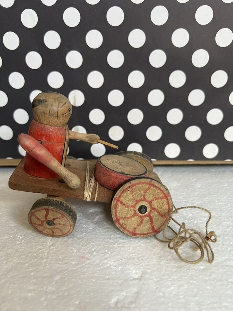 Vintage Hand Made Asian Toy Man on Wheeled Platform Playing Drum W Pull ...