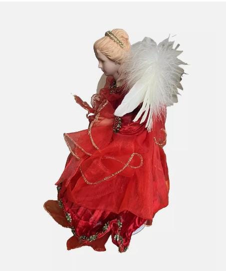 Vtg Red Christmas Angel 13" Dillards Figure Doll Real Feathers~orig Box ...