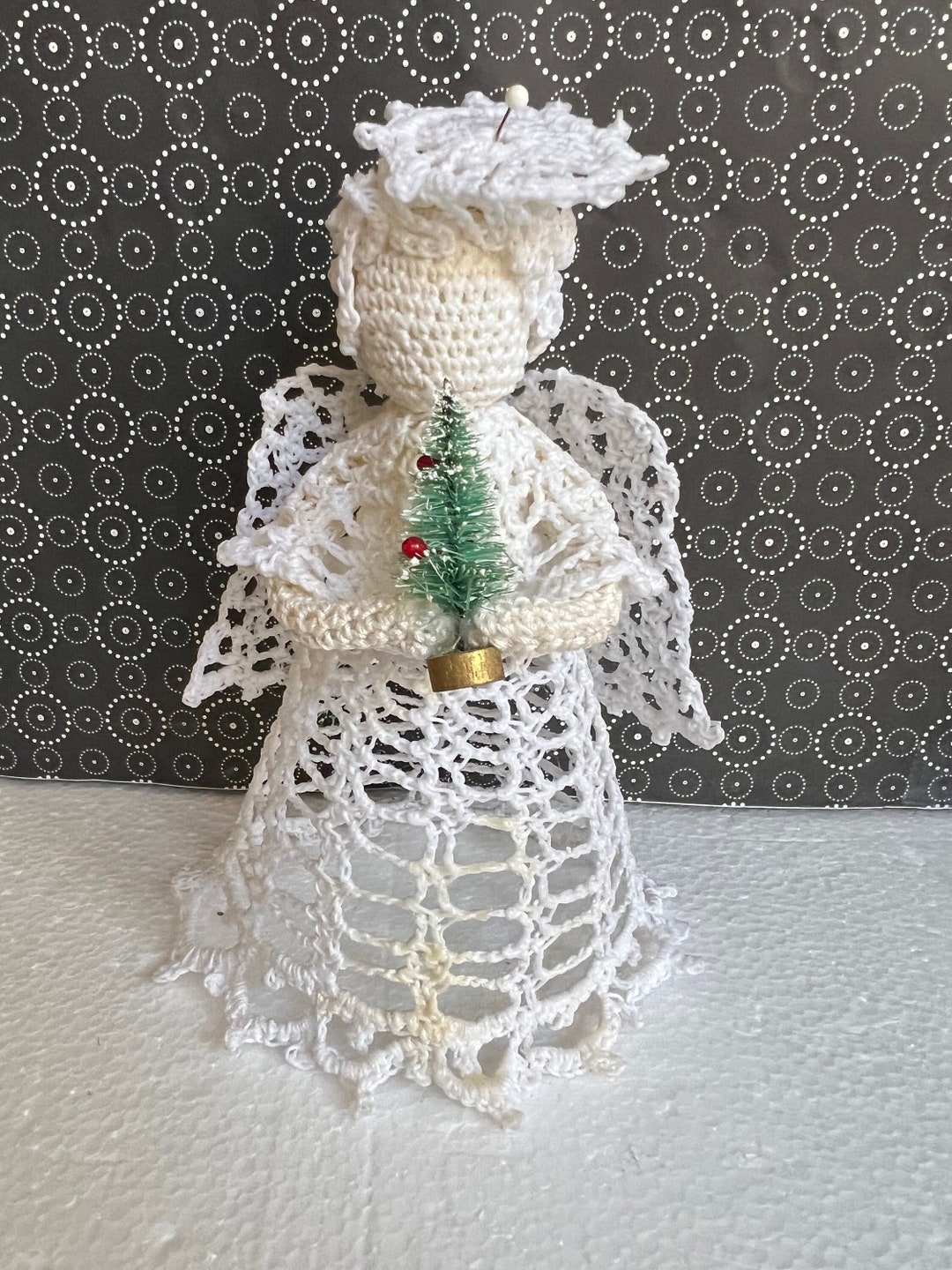 Vintage Angel Christmas 6.5” Tree Topper Starched Crocheted Figure ...