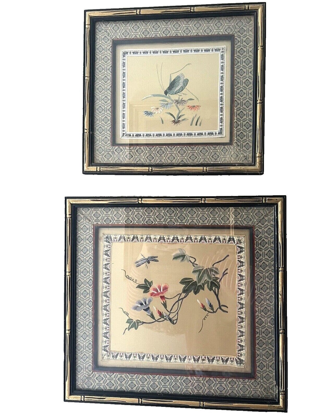 Vintage Set Embroidered Chinese Floral & Bug Art on Silk W Fabric ...