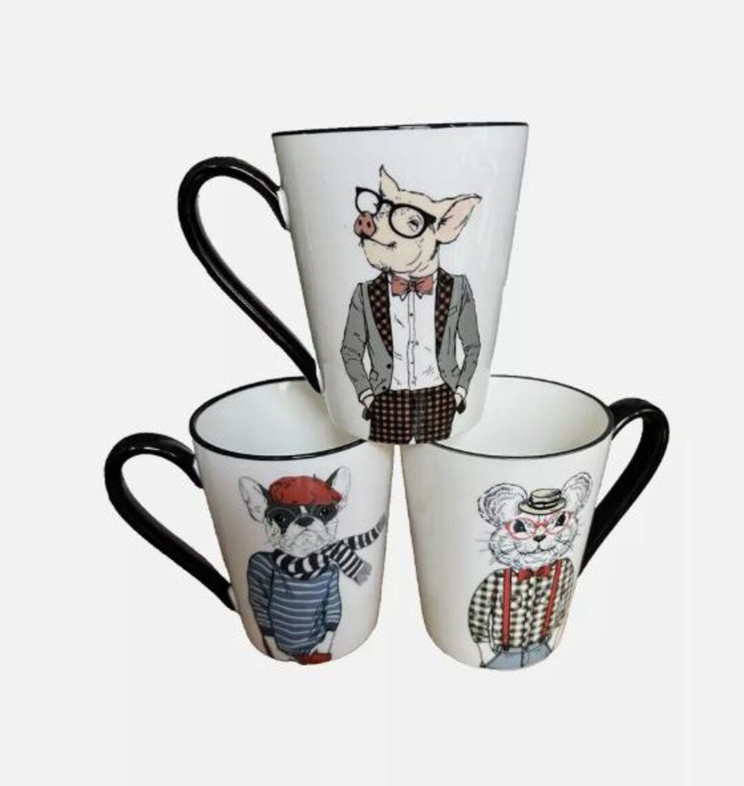 Vintage Signature Stoneware Hipster Animals Mugs 3~ Rat Pig~frenchie ...