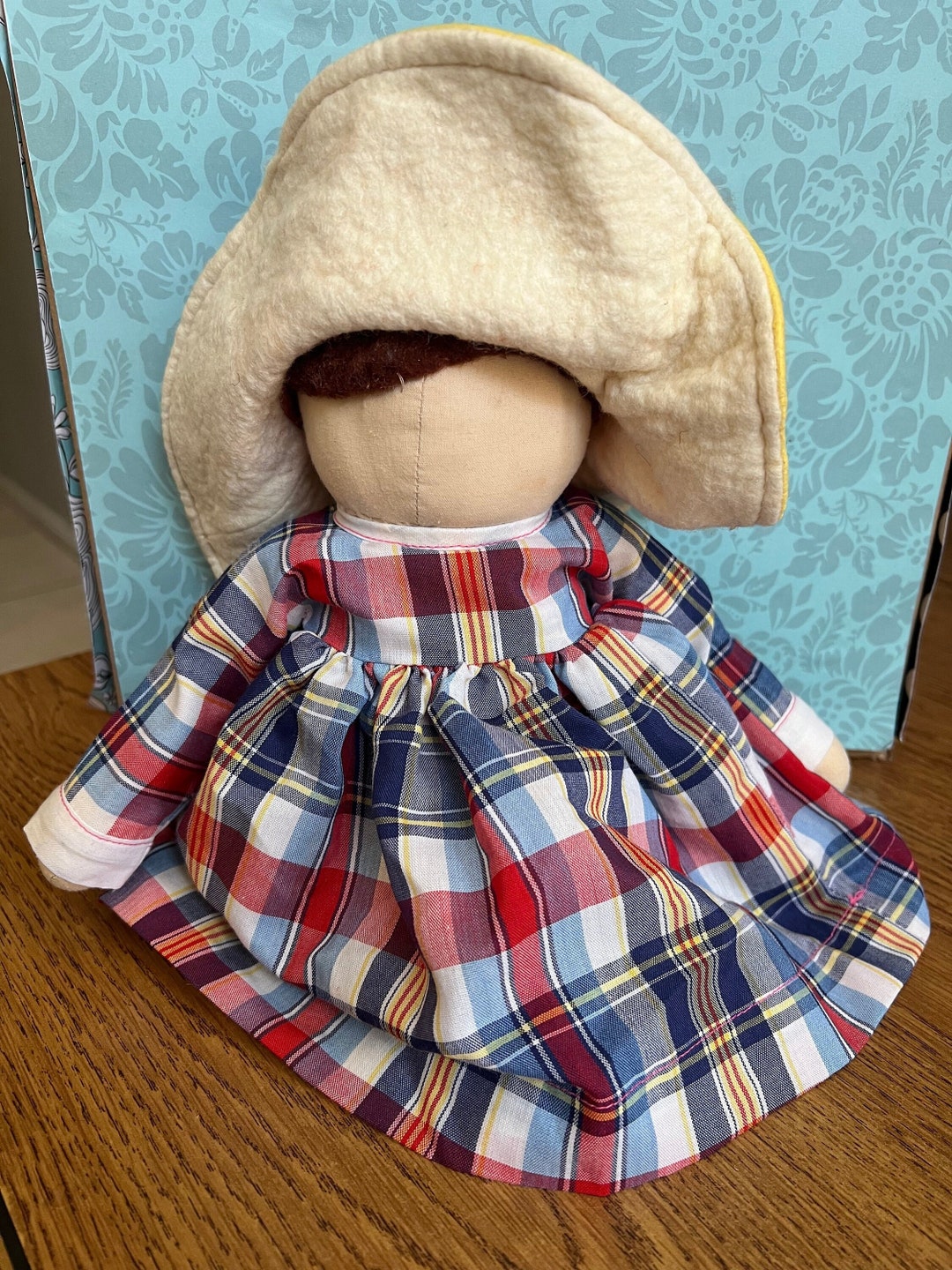 Vtg Handmade No Face Cloth Doll Folk Art Plaid Dress Big Hat 9 ...