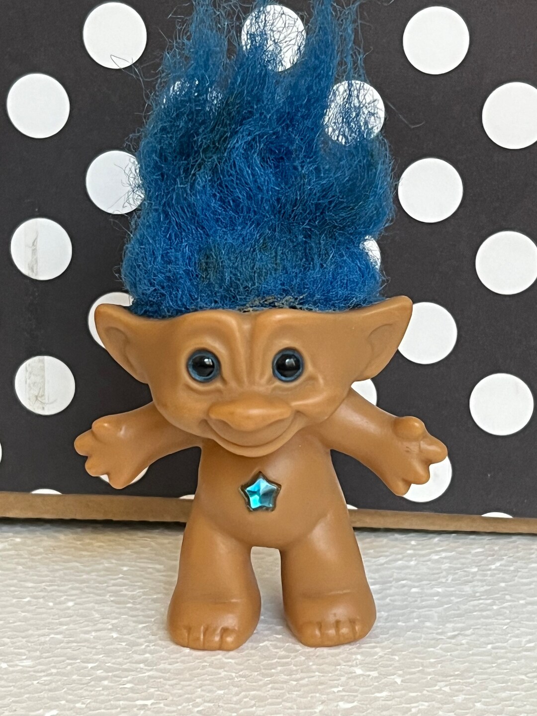 Vintage Ace Novelty Treasure Troll 3” Blue Hair Blue Eyes & Star Blue ...
