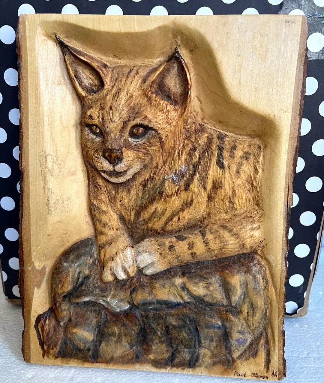 Vintage 1986 Hand Crafted 3D Bobcat Wood Carving on Tree Slab Signed ...