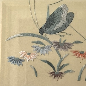 Vintage Set Embroidered Chinese Floral & Bug Art on Silk W Fabric ...