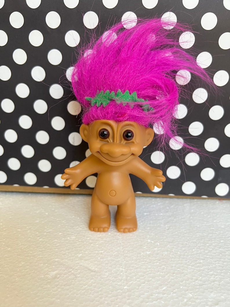 Vintage 4" Russ Troll Doll Baby Purple Hair Brown Eyes Pink Dress Felt ...