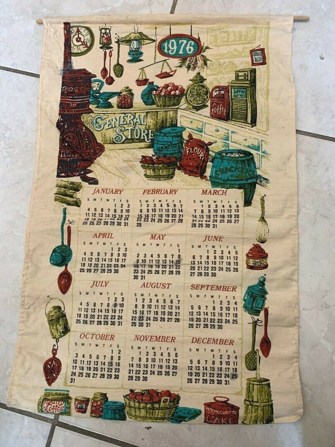 Vintage 1976 Cloth Tapestry Wall Calendar 28 " X 16" General Store ...