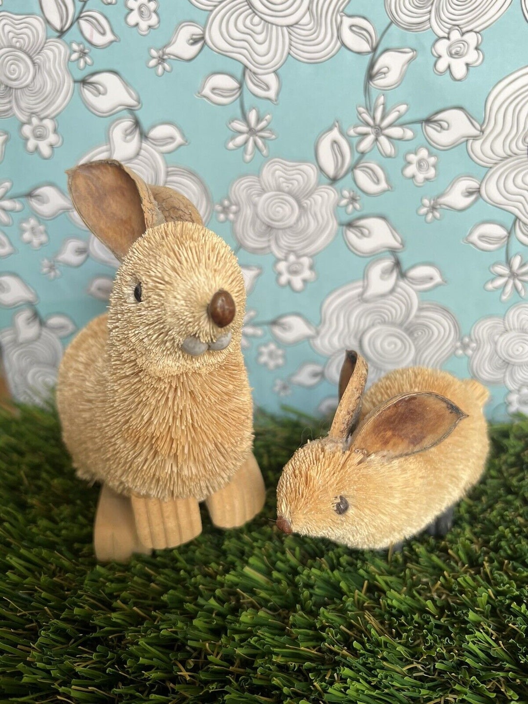 Vintage Easter Sisal Straw Fur Mother Rabbit & Bunny W Pecan Shell Ears ...