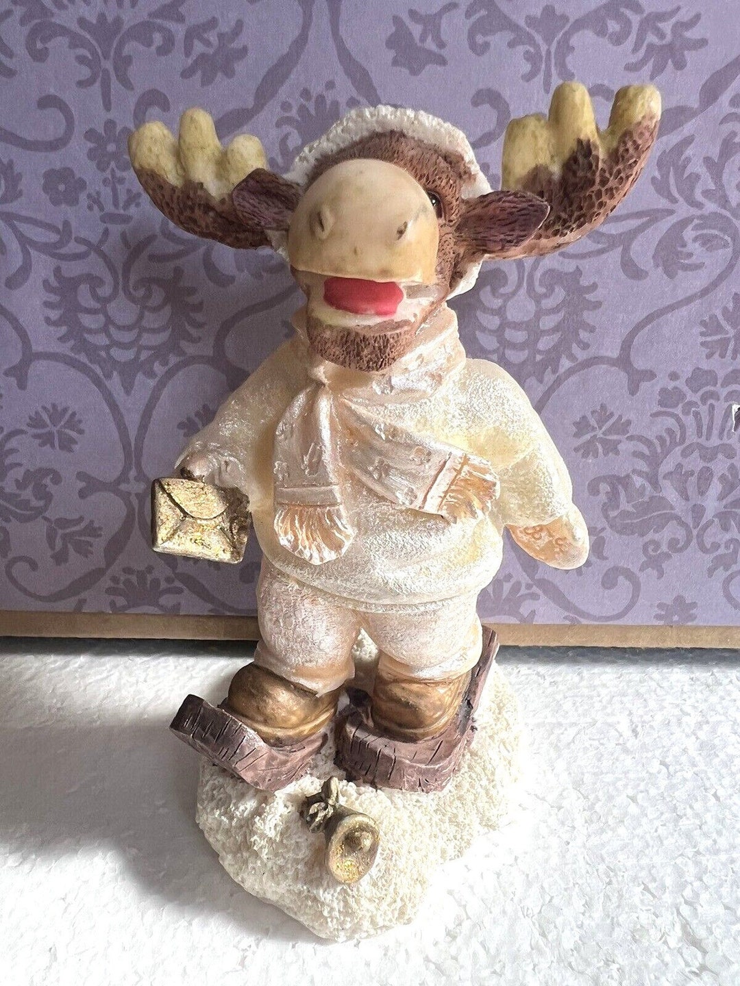Vintage 5.25" Figurine Christmas Resin Winter Moose in White Outfit on ...