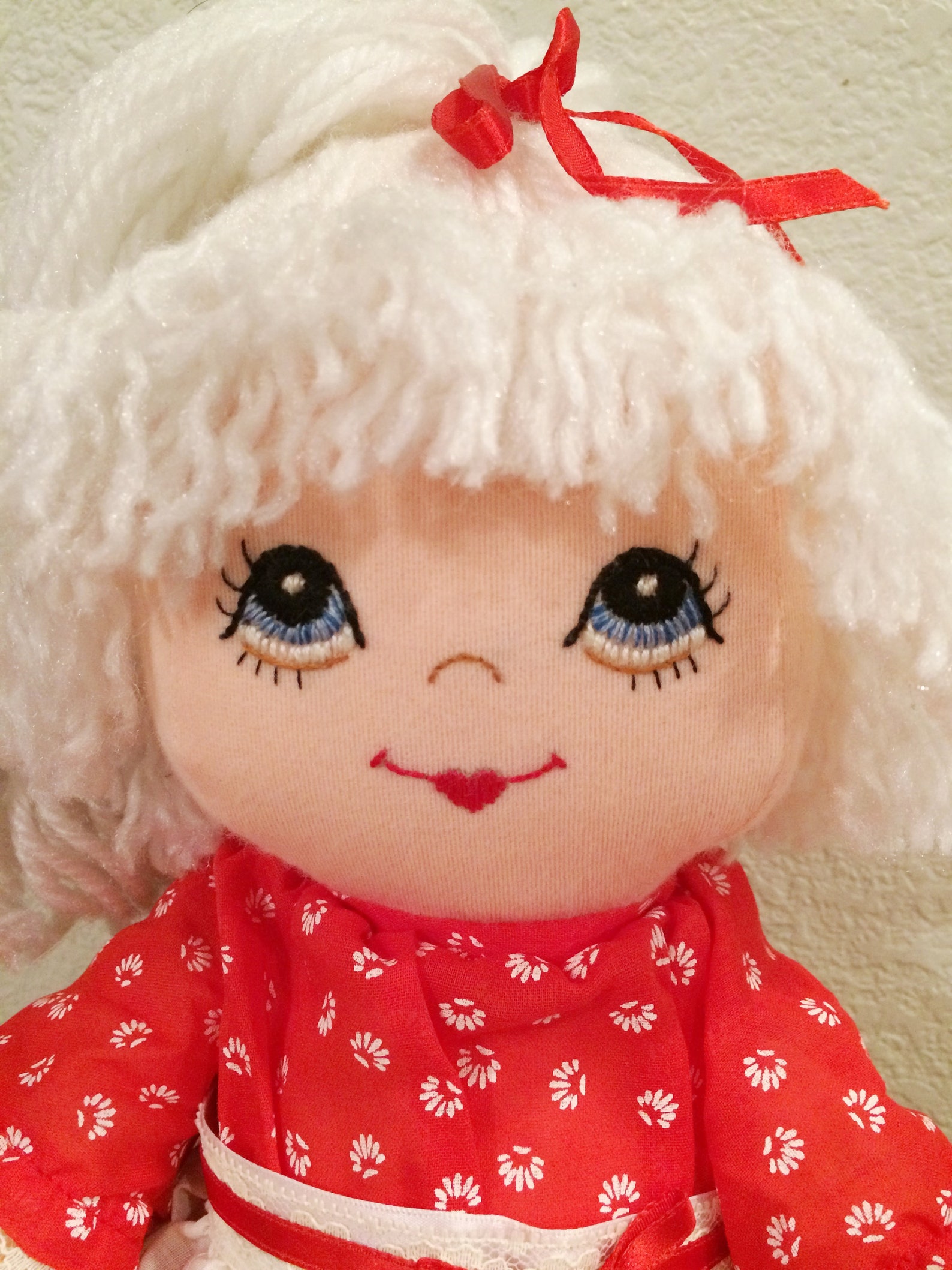 Handmade Vintage White Yarn Hair Ragdoll with Embroidered Face | Etsy