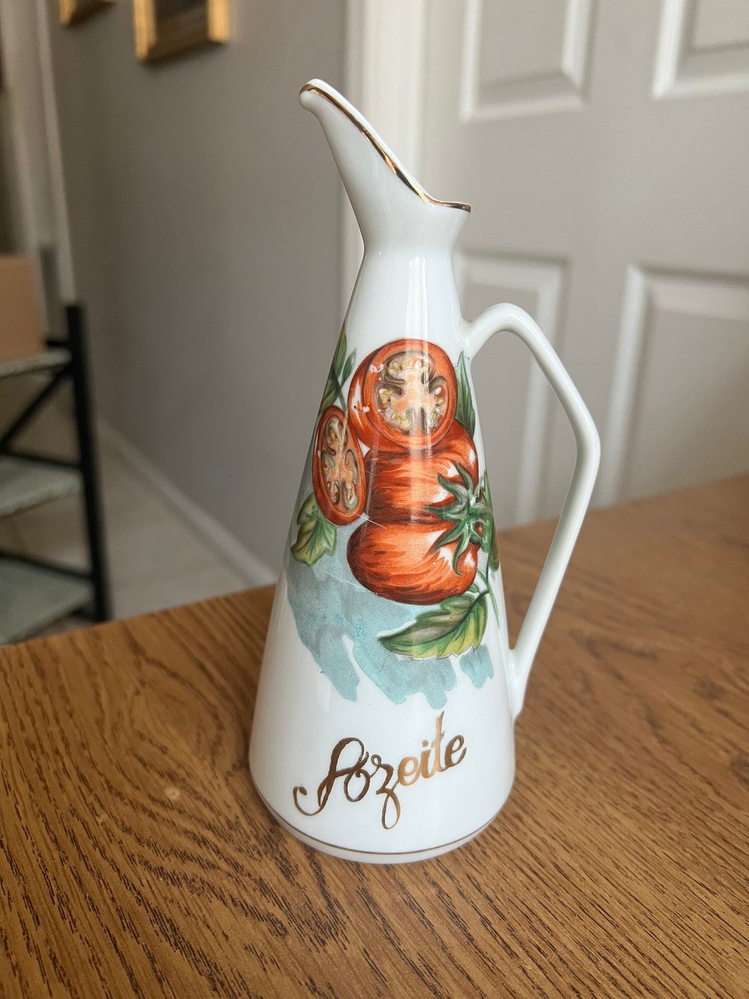 Vintage Porcelain 7" Tall Olive Oil Pitcher With Gold Trim Parana-made ...