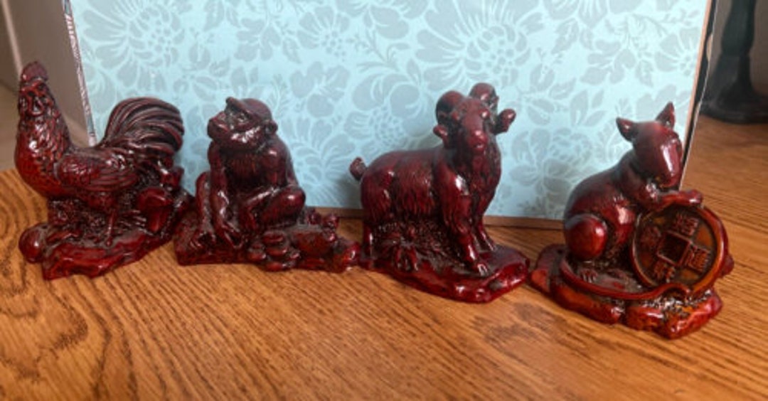 Set 4vintage Chinese Red Resin FENG SHUI Figurinesram, Mouse, Rooster ...
