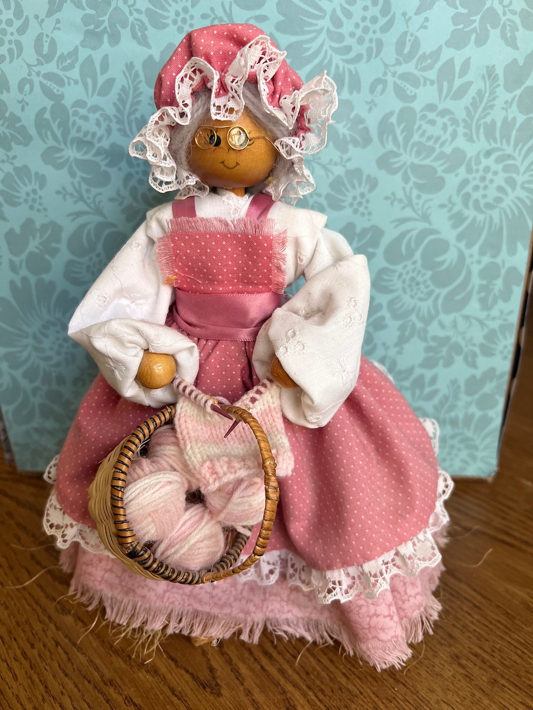 Vintage Wood Ball Hand Made Granny Doll Pink Polka Dotted Dress With ...