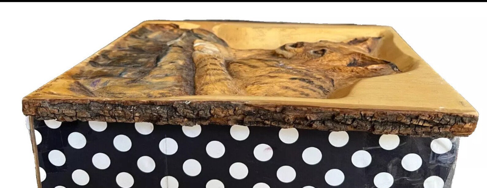 Vintage 1986 Hand Crafted 3D Bobcat Wood Carving on Tree Slab Signed ...