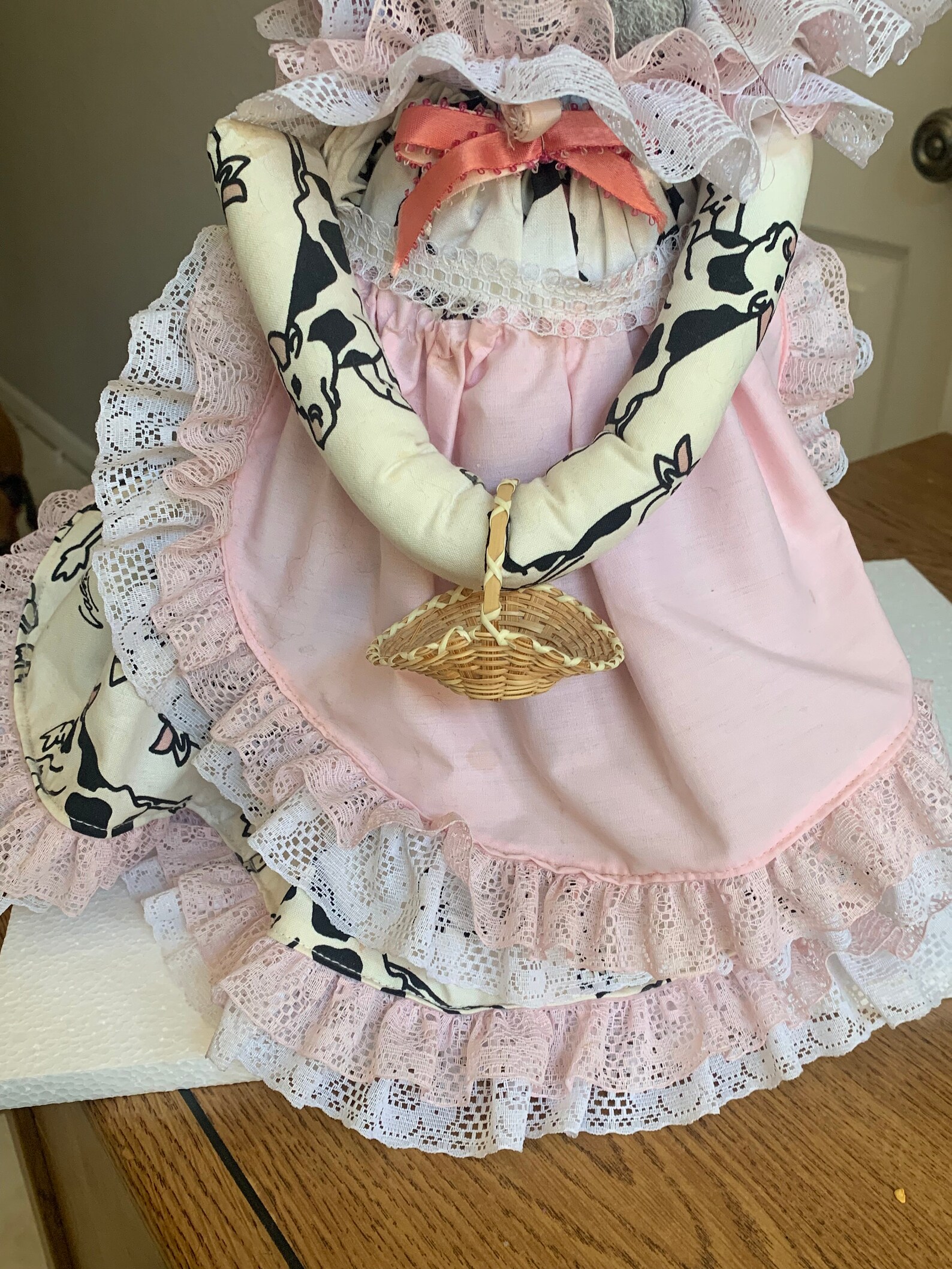 Vtg Handmade 18" Lt Mouse Doll W Calhoun Cow Dress Pink Lace Eyelashes ...