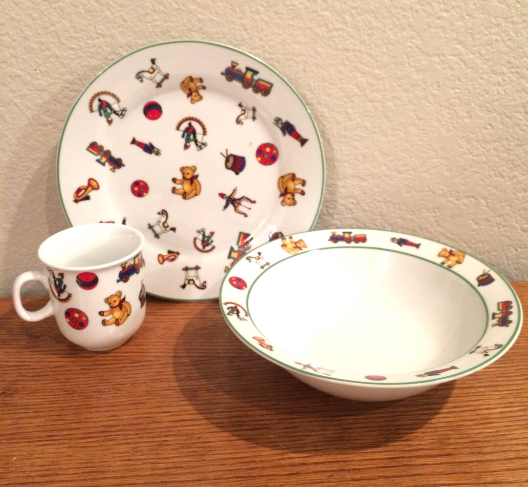 Vintage Child Plate Bowl and Cup Set Decorated With Toys - Etsy
