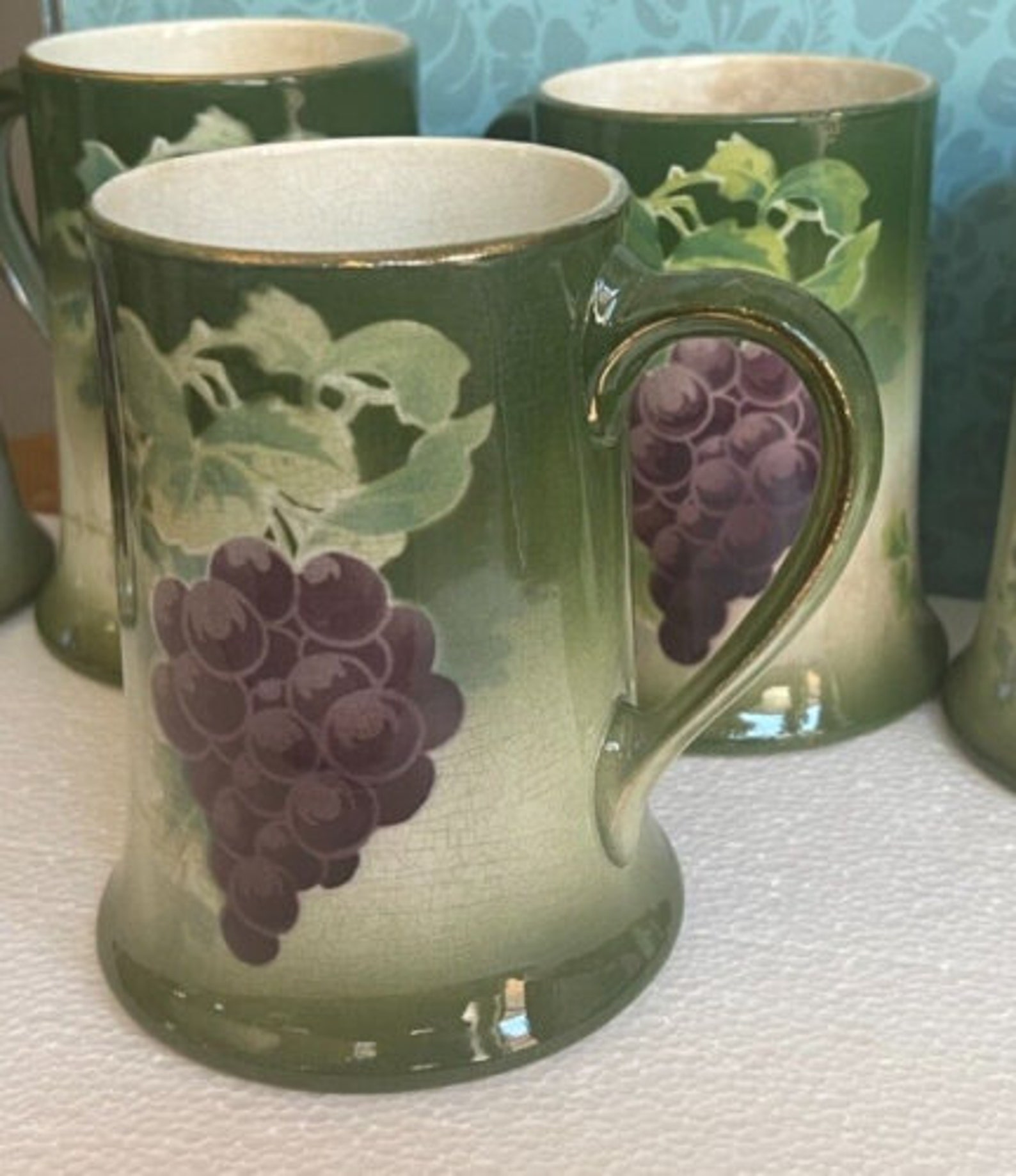 Antique Ceramic Pottery Large Hand Painted Mugs W Grapes and Gold Trim ...