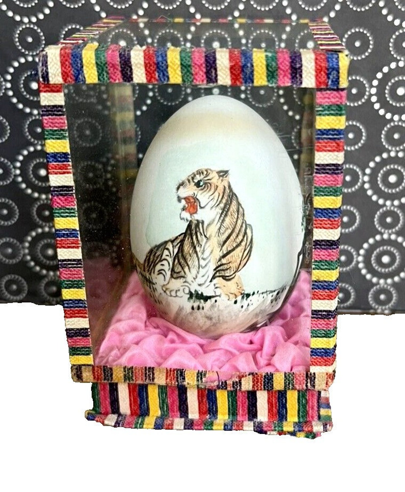 Vintage Tiger Hand Painted Egg Shell in Rainbow Clear Display Case 3 ...