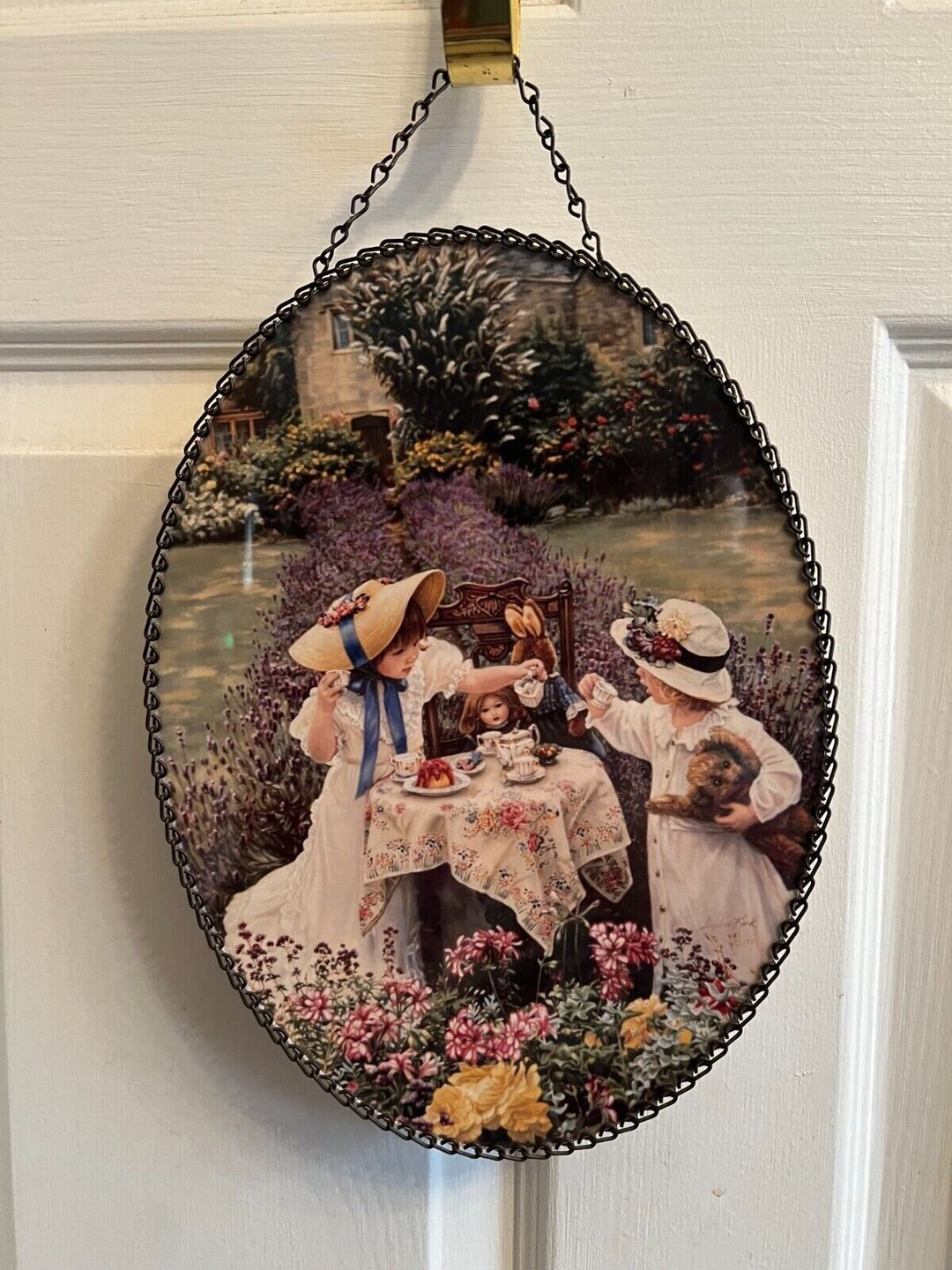 Vintage Oval Chained Picture Art Print Wall Hanging Tea Party Sandra ...