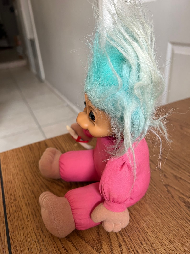 Vtg 10" Russ Troll Baby Vinyl & Cloth Body Doll Light Blue Hair Brown ...