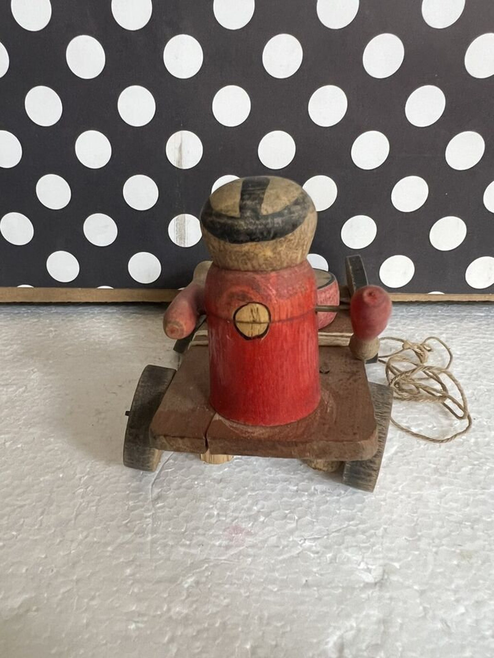 Vintage Hand Made Asian Toy Man on Wheeled Platform Playing Drum W Pull ...