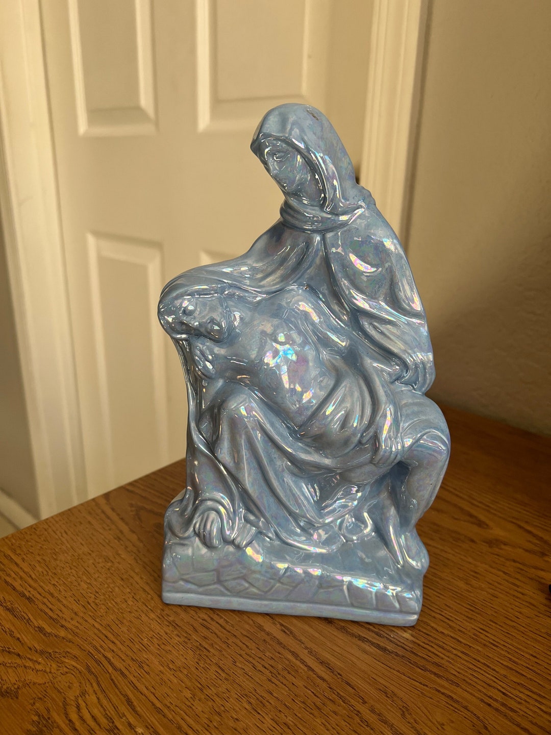 Vintage Iridescent Blue Shiny Ceramic La Pieta Mary Holding Jesus ...