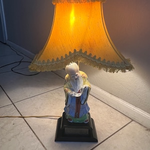 Vtg God of Longevity Bald Old Man Porcelain Chinese Yellow Shade Table ...