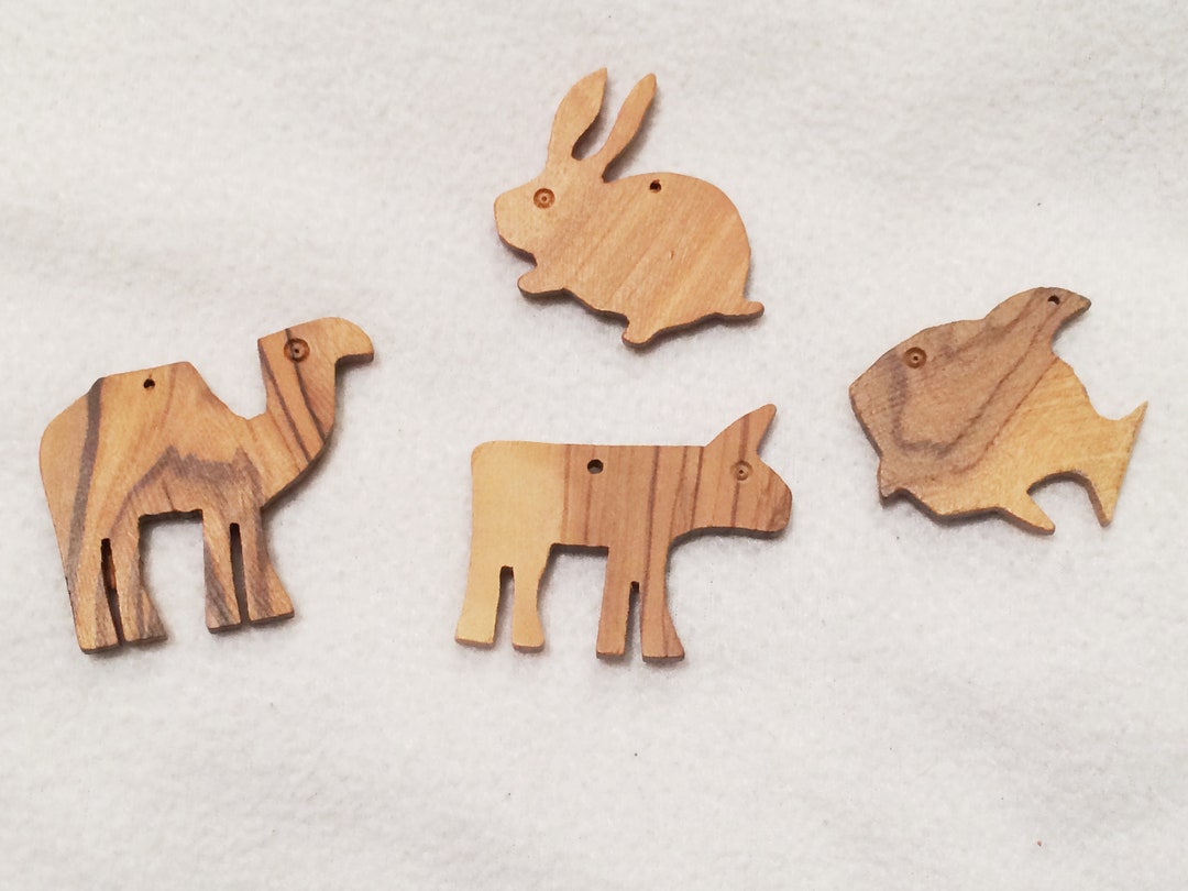 Vtg 4 Miniature Handmade Flat Wood Animal Figures Donkey, Camel, Rabbit ...