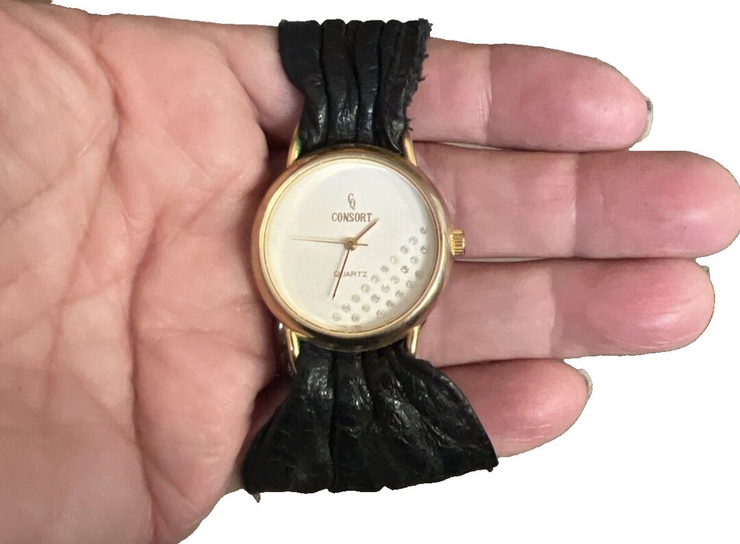 Vintage Ladies Consort Quartz Black Faux Leather Band - Etsy