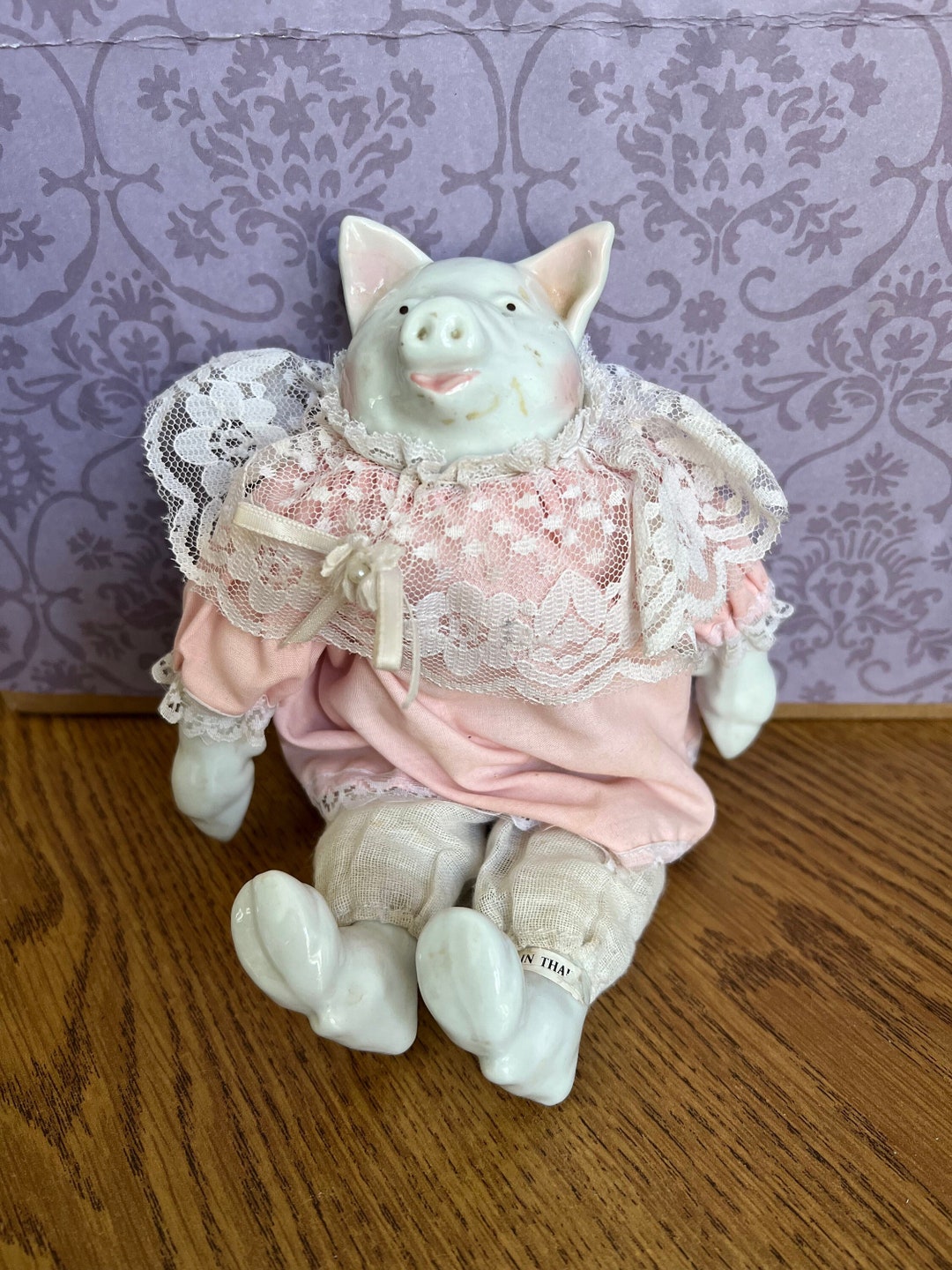 Vintage Porcelain Pig Doll, Pink Floral Dress With Lace Trim Made ...