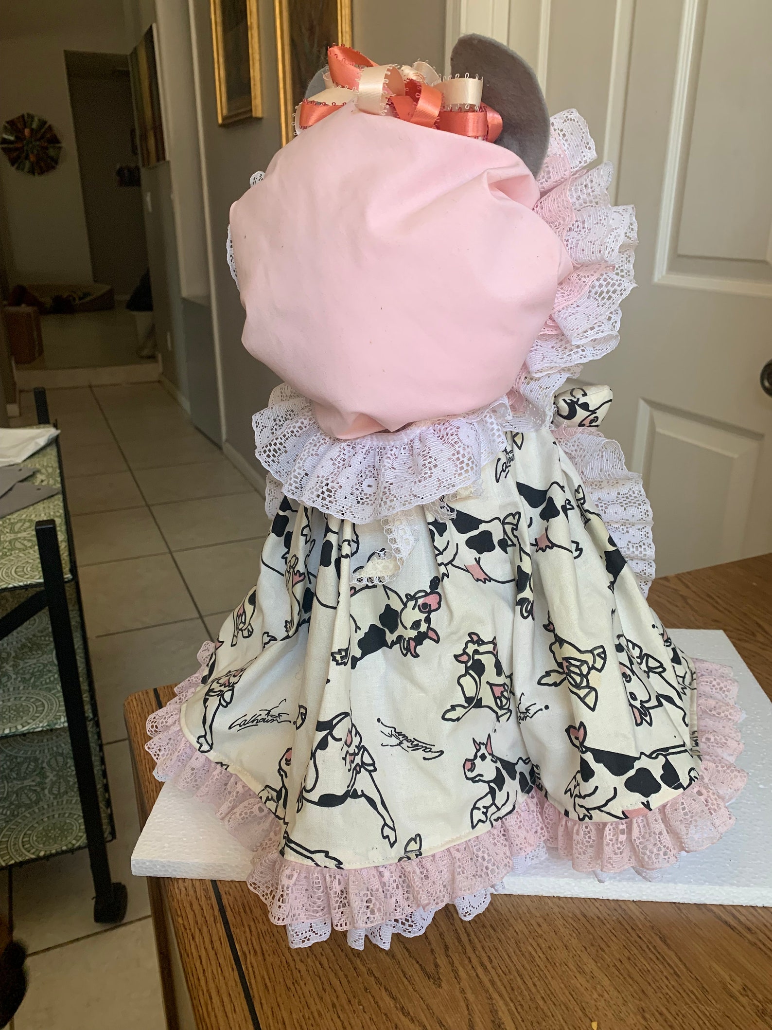 Vtg Handmade 18" Lt Mouse Doll W Calhoun Cow Dress Pink Lace Eyelashes ...