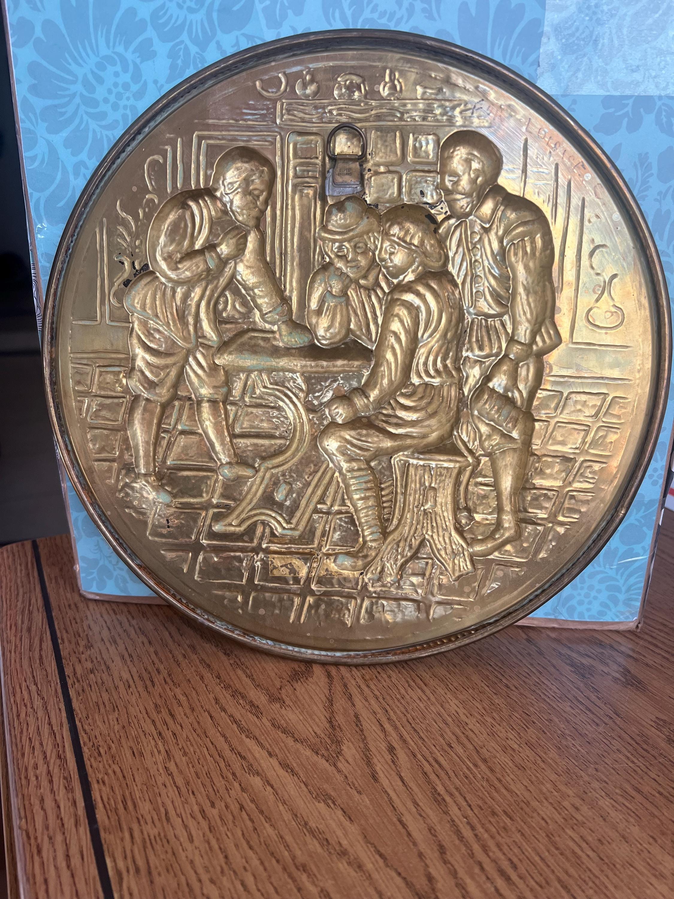 Vintage Brass Men at Table Embossed 11"d Plate Wall Decor Made England ...