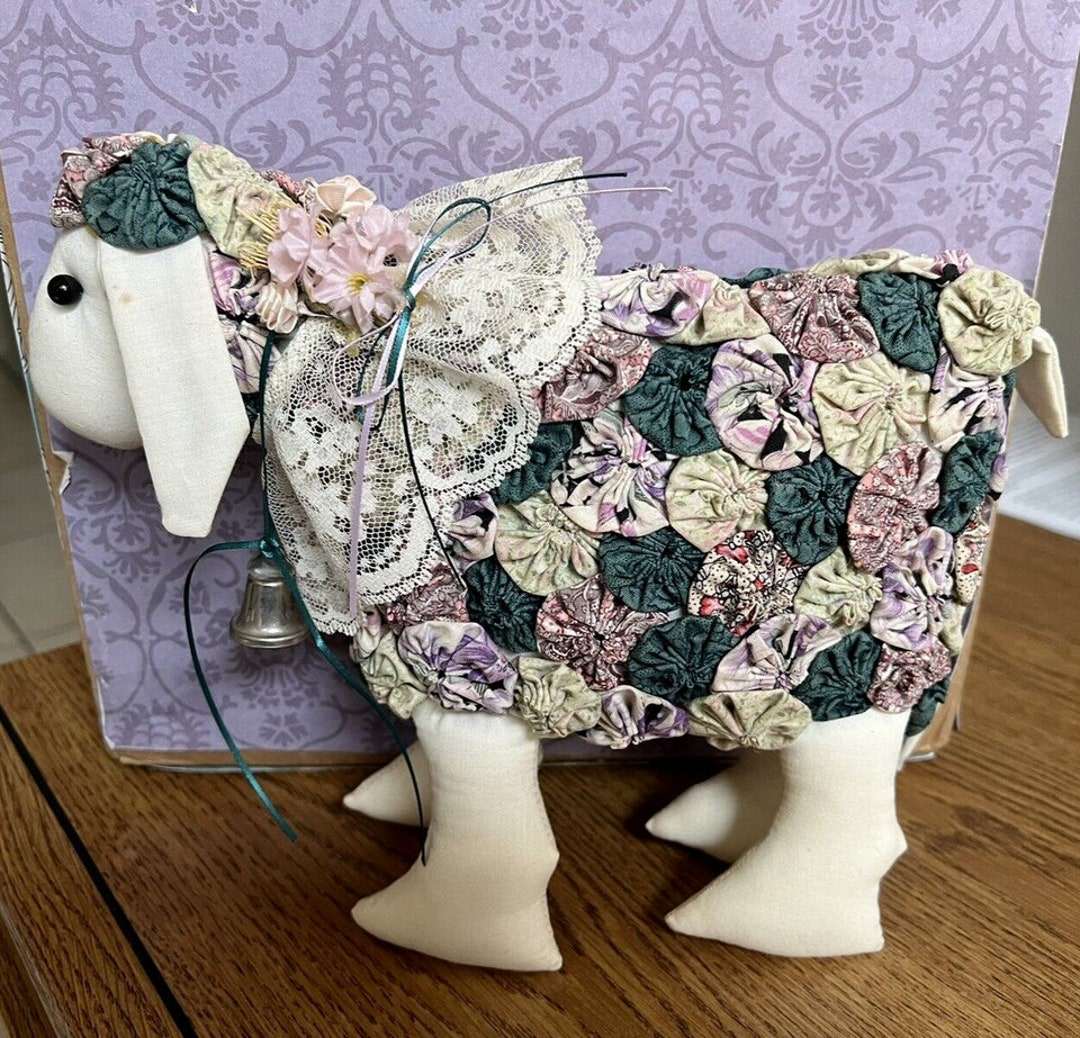 Vtg Handmade Stuffed Sheep W Quilted Body & Lace With Bell Around Neck 8.5 T Collectible Stuffed ...