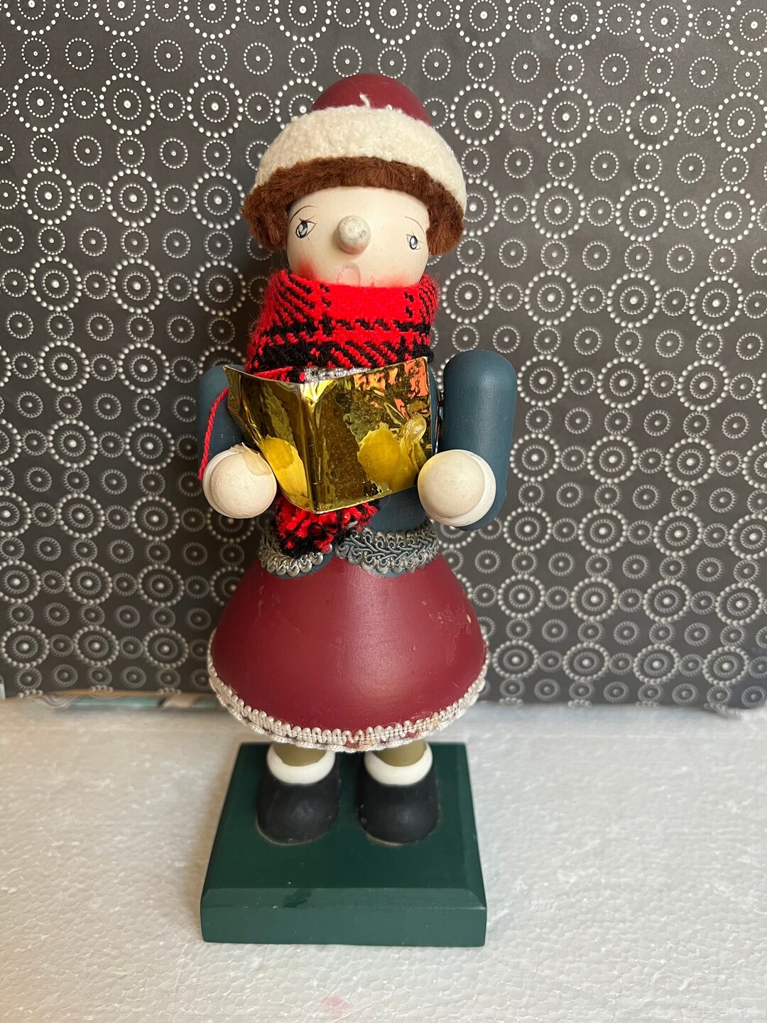 Vintage Christmas Caroler Figure Girl Painted Wood Fabric 9" on Wood ...