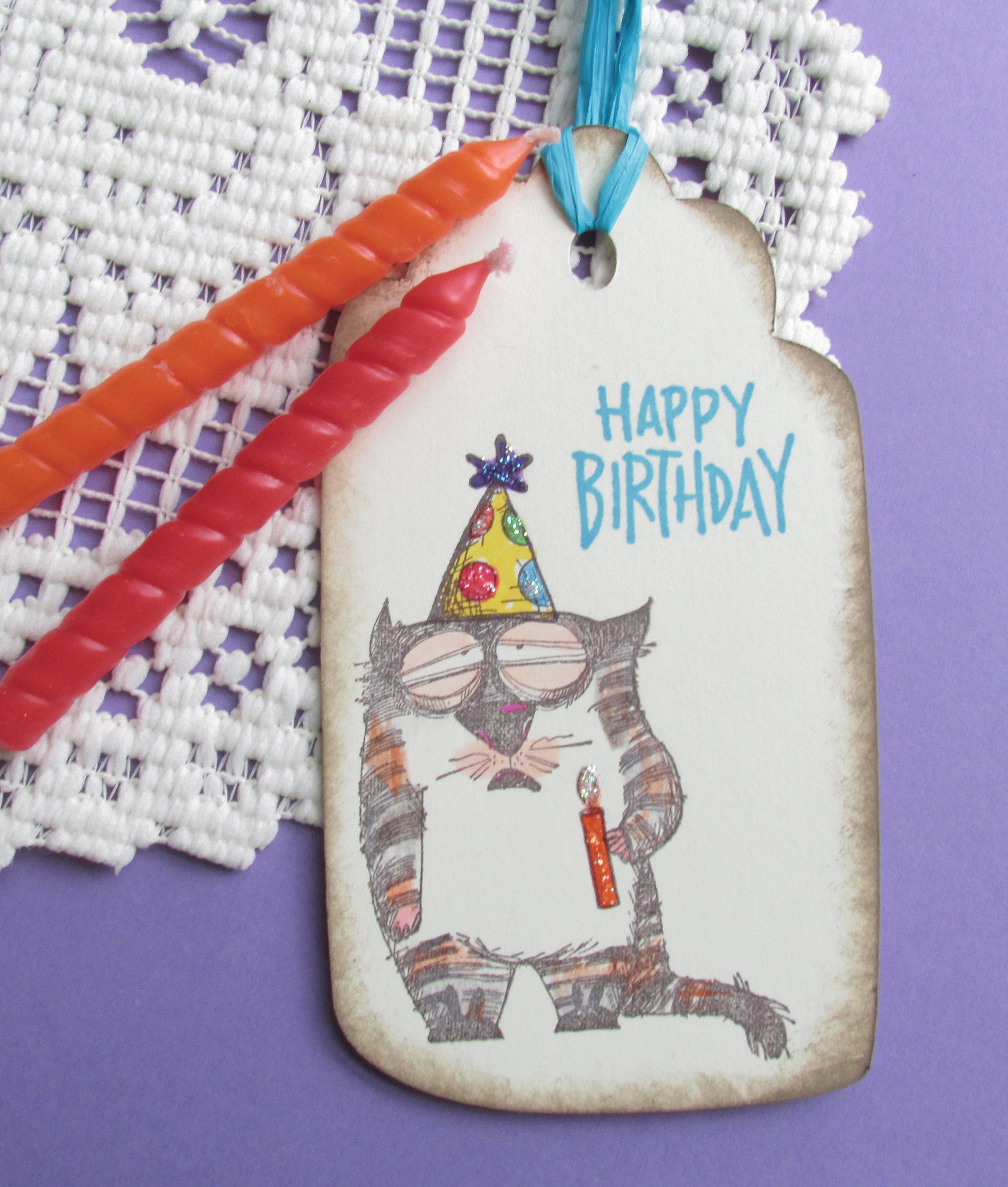 Cat Birthday Gift Tag Cat Tag Hand Stamped Tag Birthday | Etsy