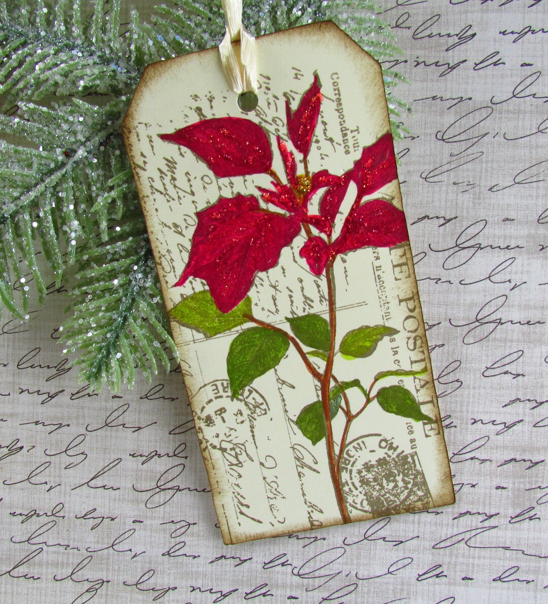 Christmas Poinsettia Gift Tag, Hand Stamped Gift Tag, Poinsettia Tag ...