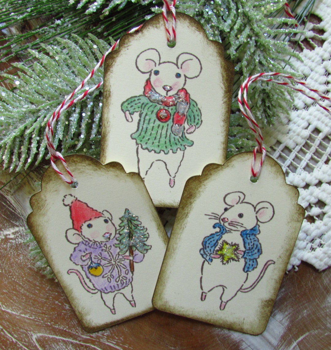 Christmas Mouse Gift Tag Hand-stamped Gift Tag Mouse Party - Etsy