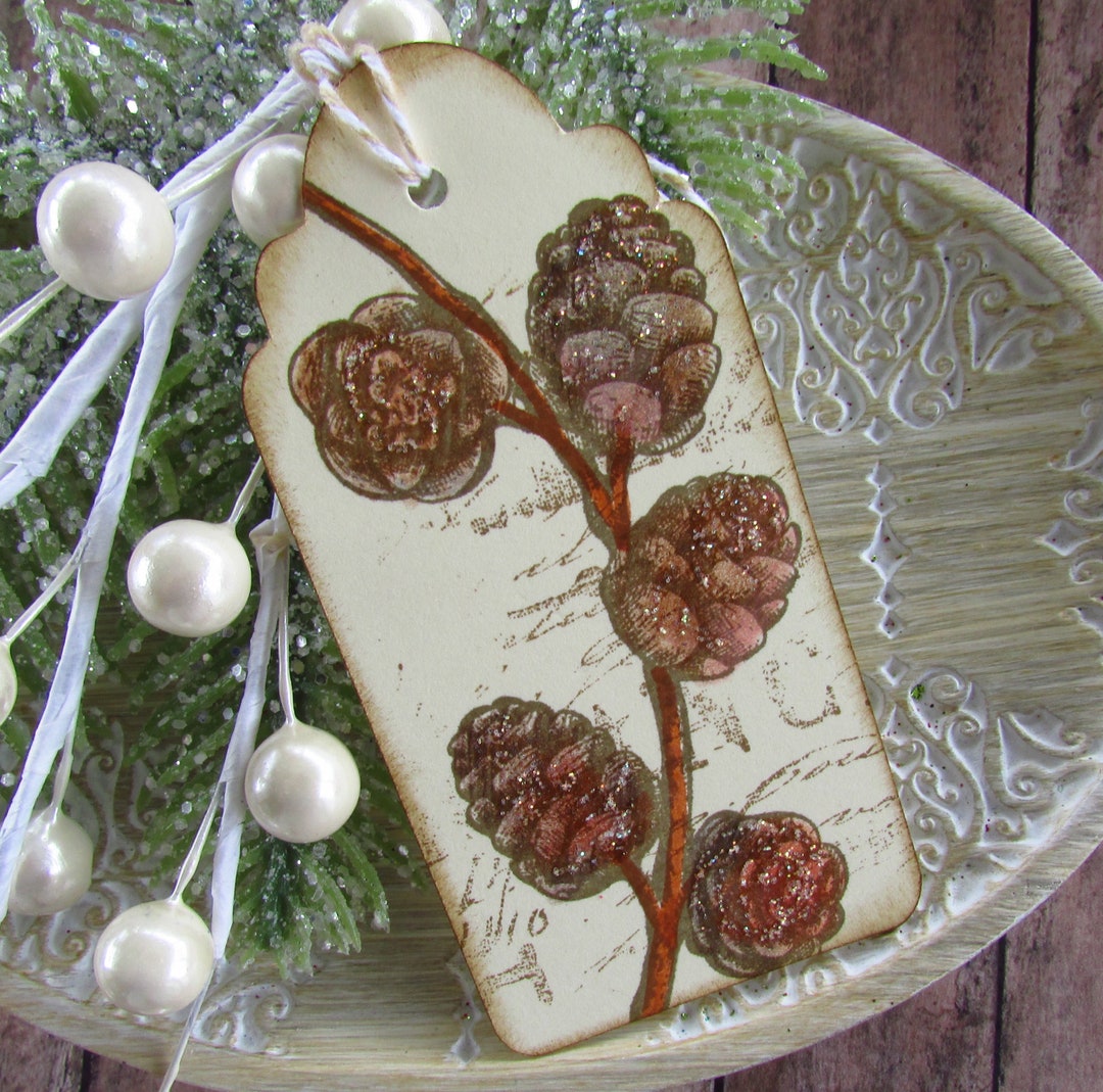 Pine Cone Gift Tag, Vintage Gift Wrap, Hand Stamped Tag, Farmhouse ...