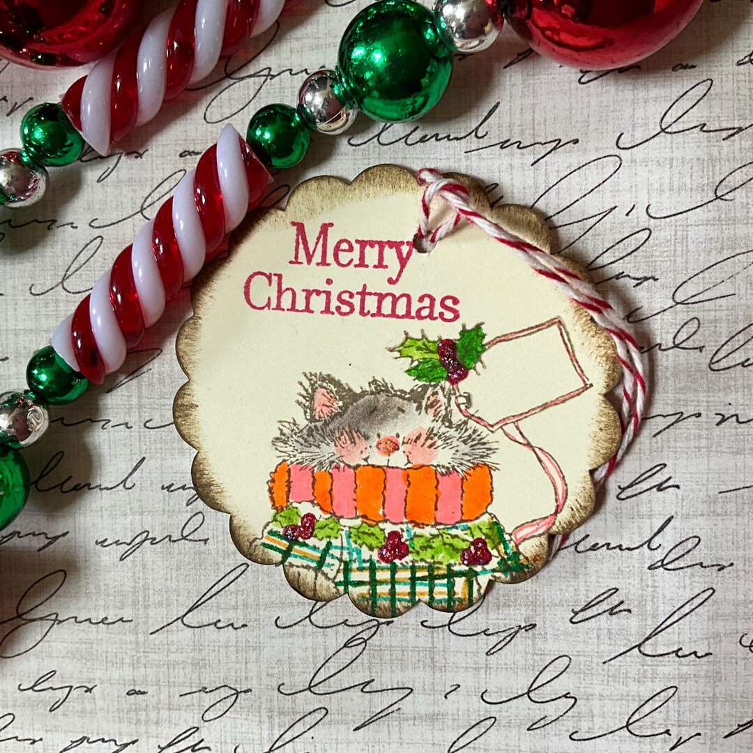 Christmas Gift Tag, Hand Stamped Gift Tag, Cat Tag, Holiday Cat Tag ...