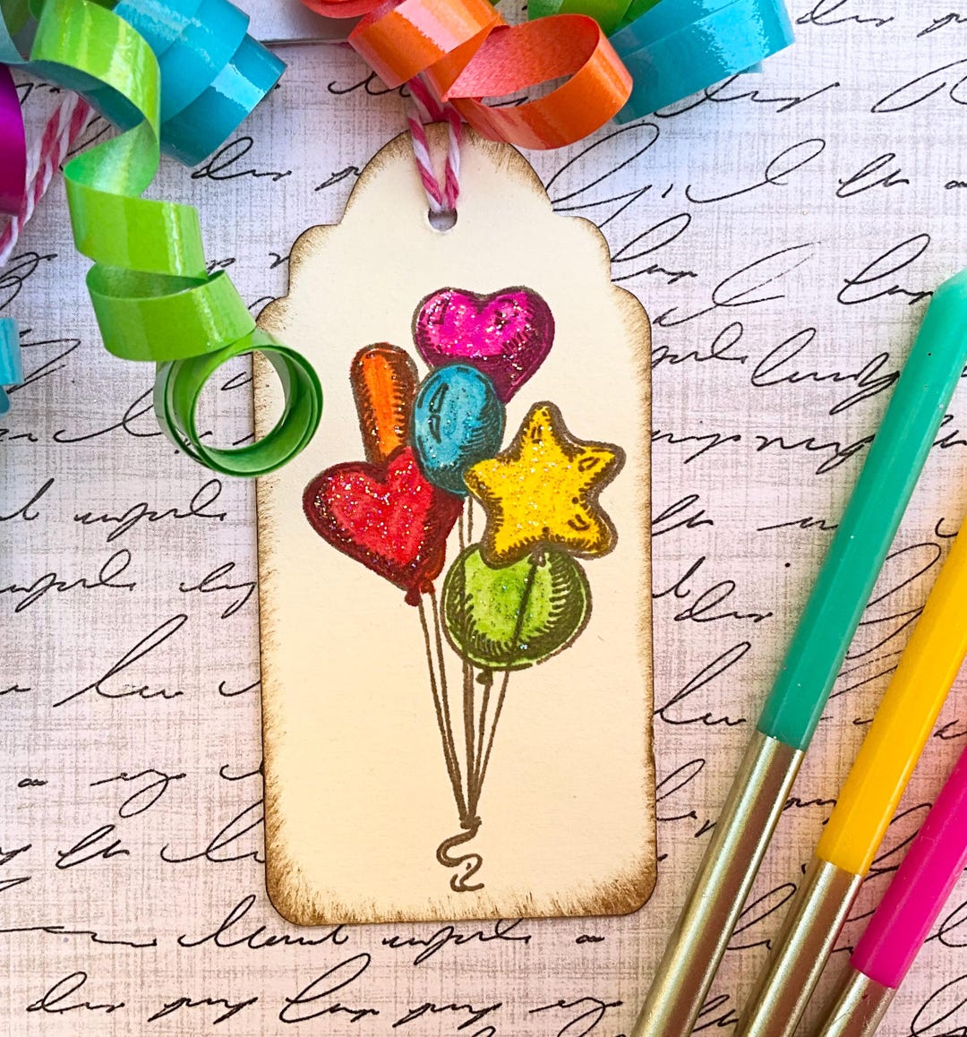 Happy Birthday Gift Tag, Birthday Balloons Hand Stamped Tag, Birthday ...