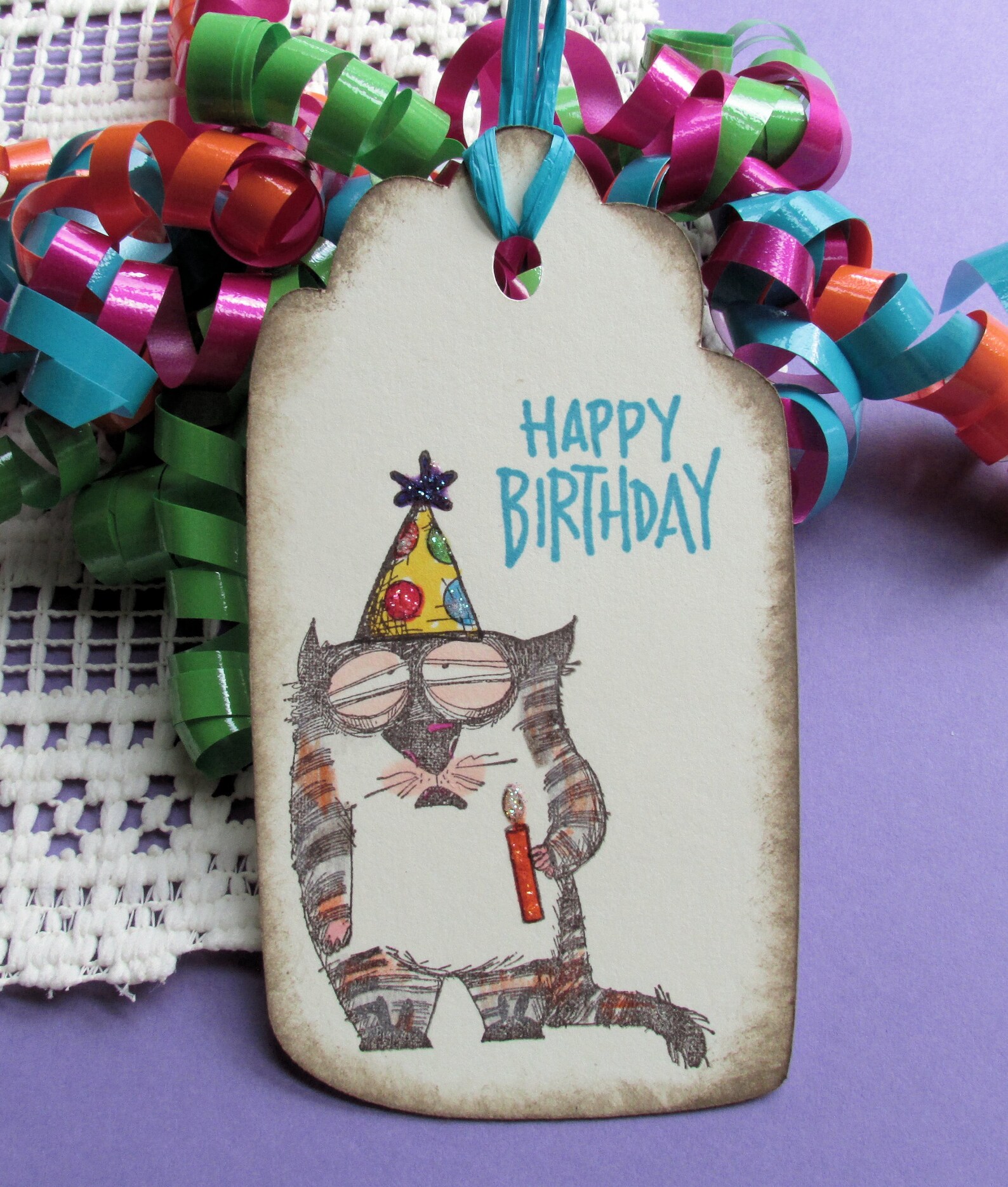 Cat Birthday Gift Tag Cat Tag Hand Stamped Tag Birthday | Etsy