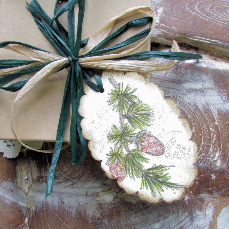 Christmas Pine Cone Gift Tag, Vintage Gift Wrap, Hand Stamped Tag ...
