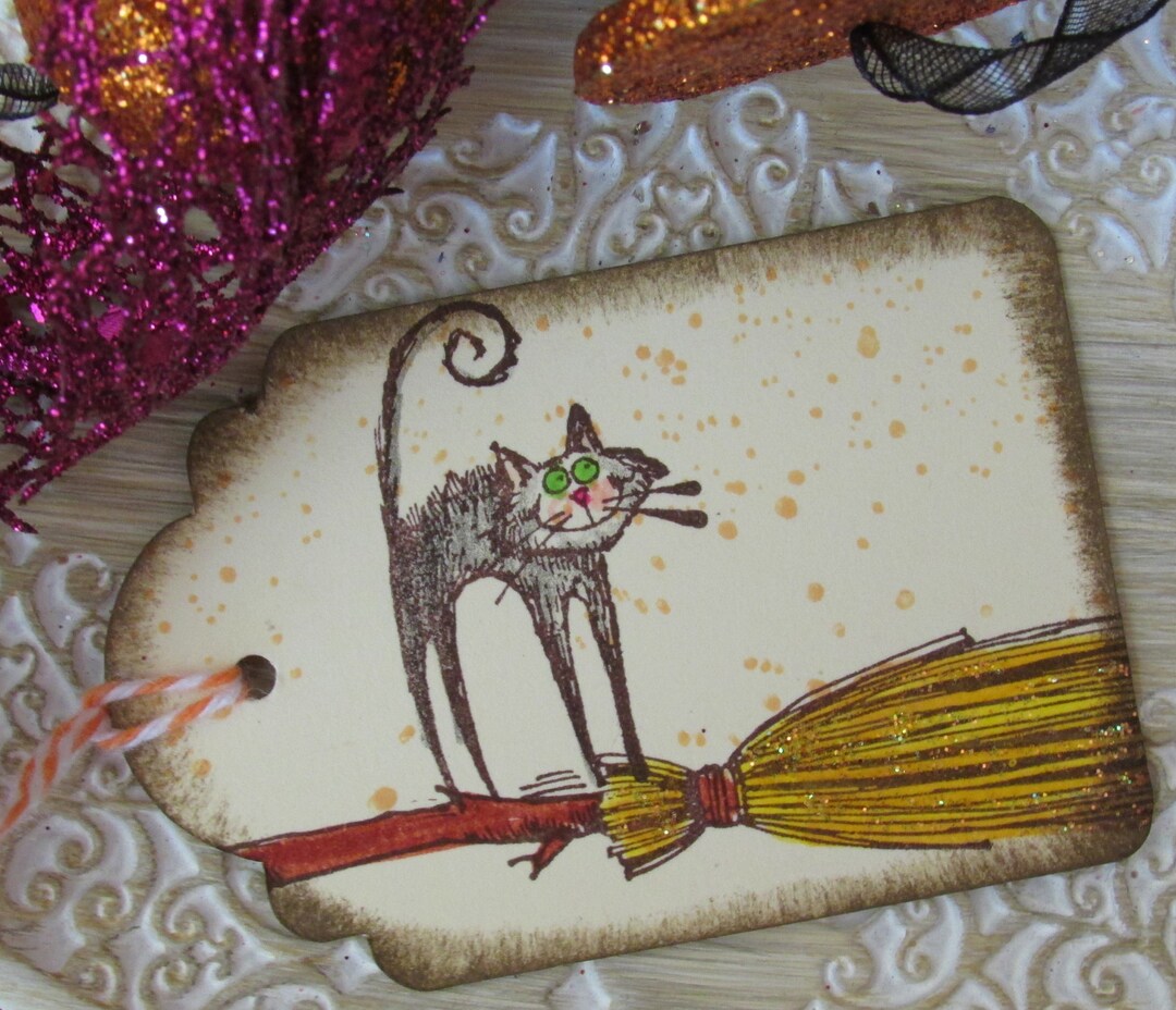 Hand Stamped Halloween Cat Gift Tag: Broomstick Party Favor, Set of 9 ...