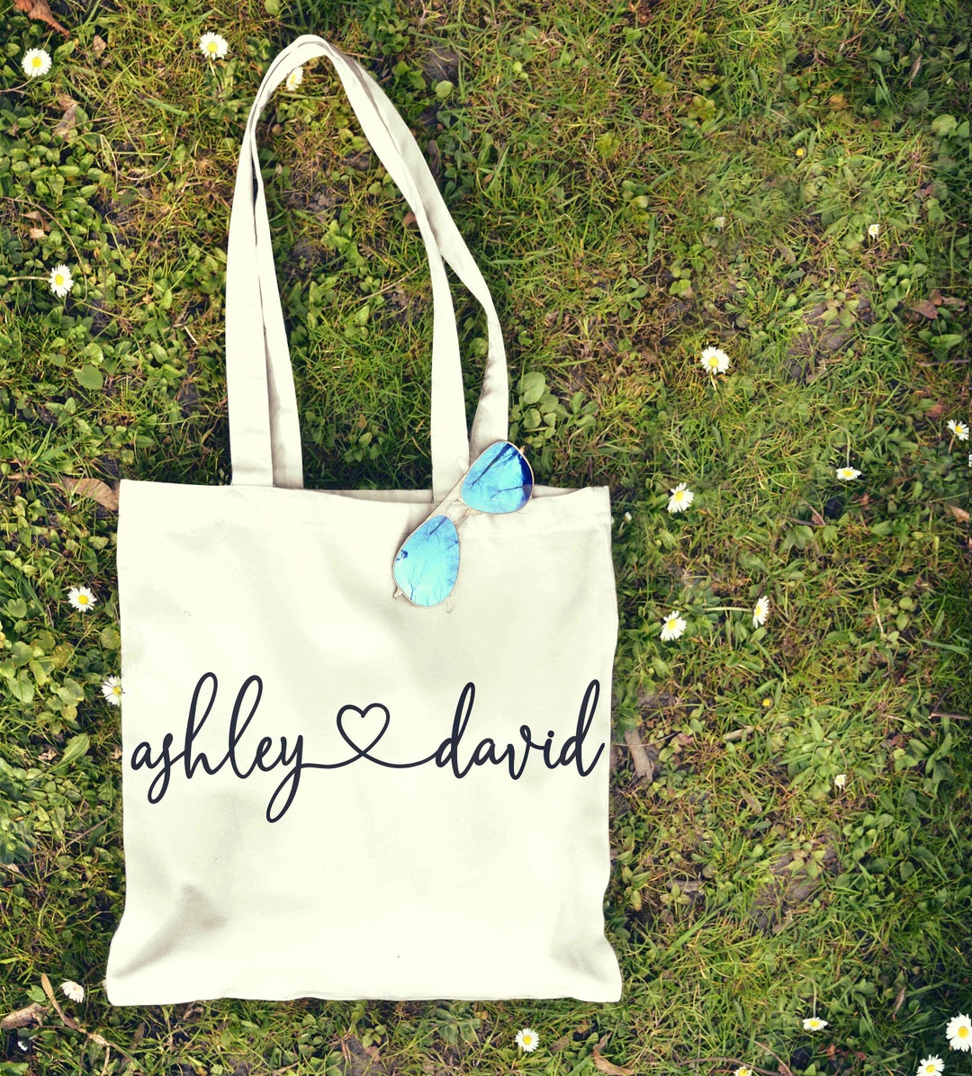 Cursive Heart CUSTOM NAMES Tote Bag, Wedding Gift, Bride Gift, Husband ...